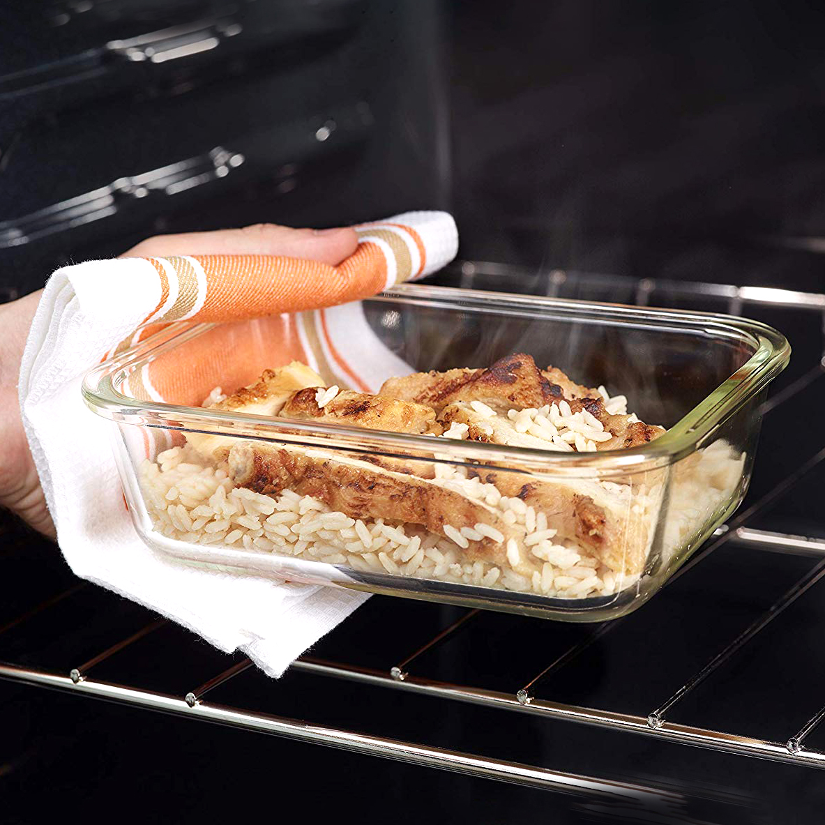 Heat resistant food containers with glass container